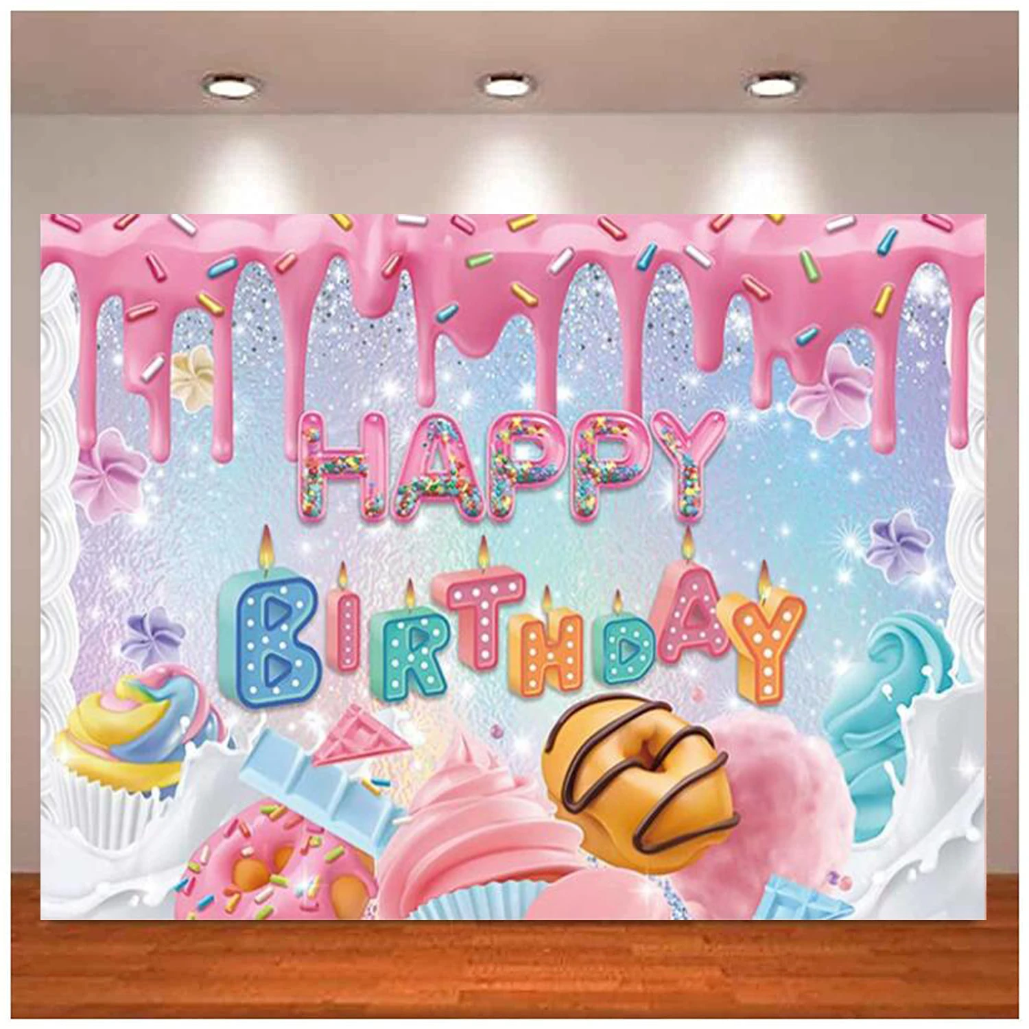 Sweet Candy Happy Birthday Party Backdrop Donuts Cupcake Lollipop ...