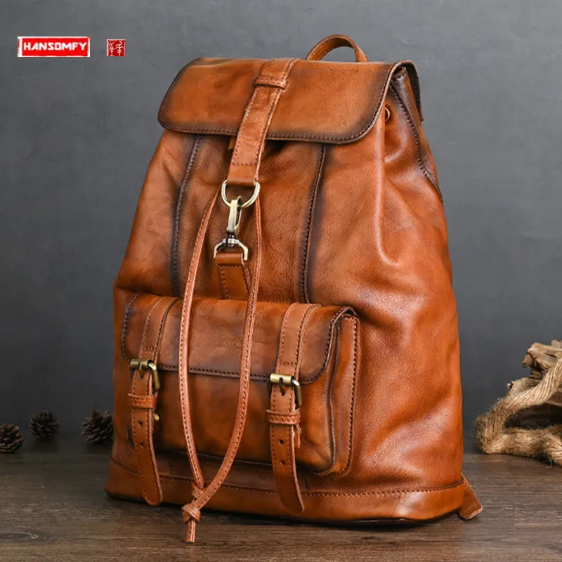 Luxury Genuine Leather Men's Backpack Large Capacity Laptop Bag Vintage ...