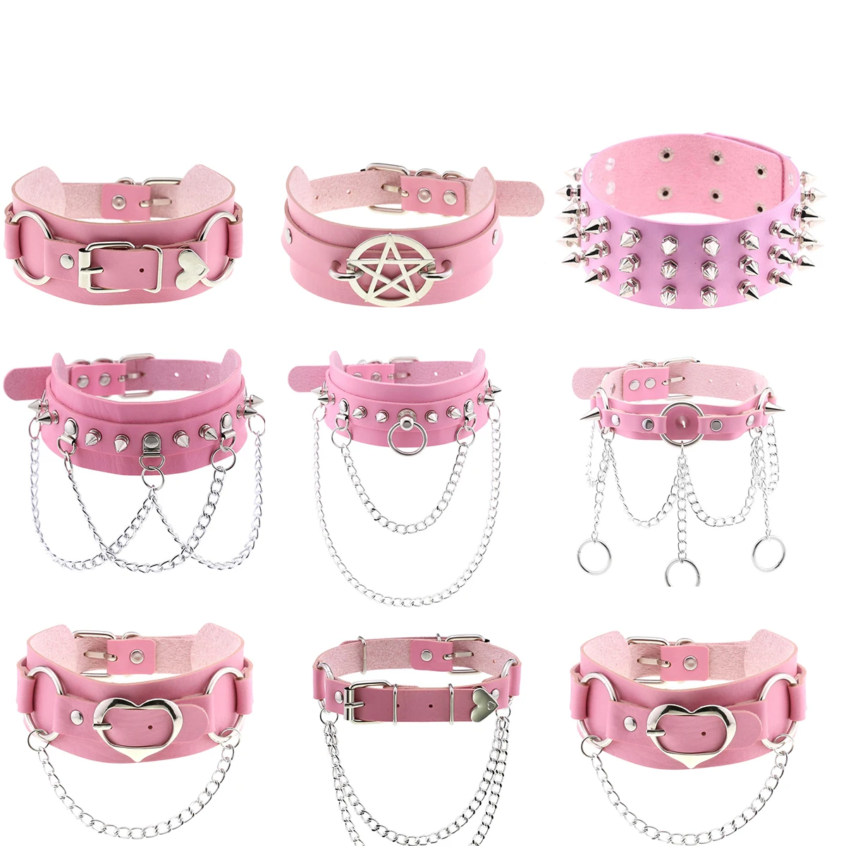 Pink Punk Spike Rivet Choker Collar For Women Steampunk Pentagram ...