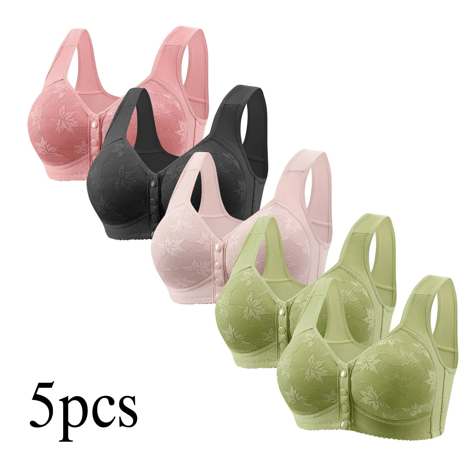 5pc Women'S Front Button Lace Bras No Steel Ring Seamless Underwear ...