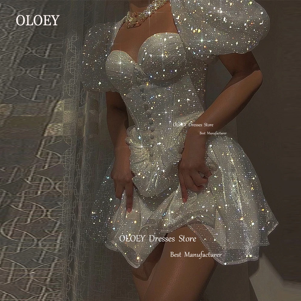 OLOEY Sparkly Glitter White Short Party Dresses Puff Sleeves Sweetheart ...