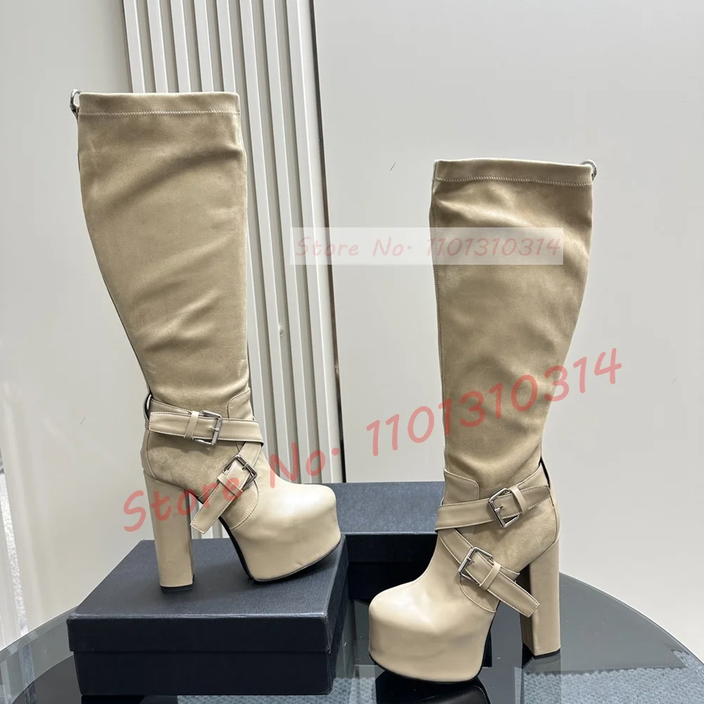 Beige-Platform-High-Heels-Boots-Women-Sexy-Cross-Belt-Buckle-Winter ...