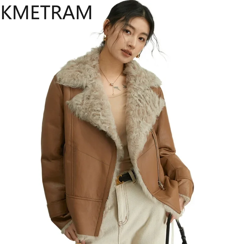 Natural Sheepskin Wool Double Faced Fur Coat Women Genuine Leather ...