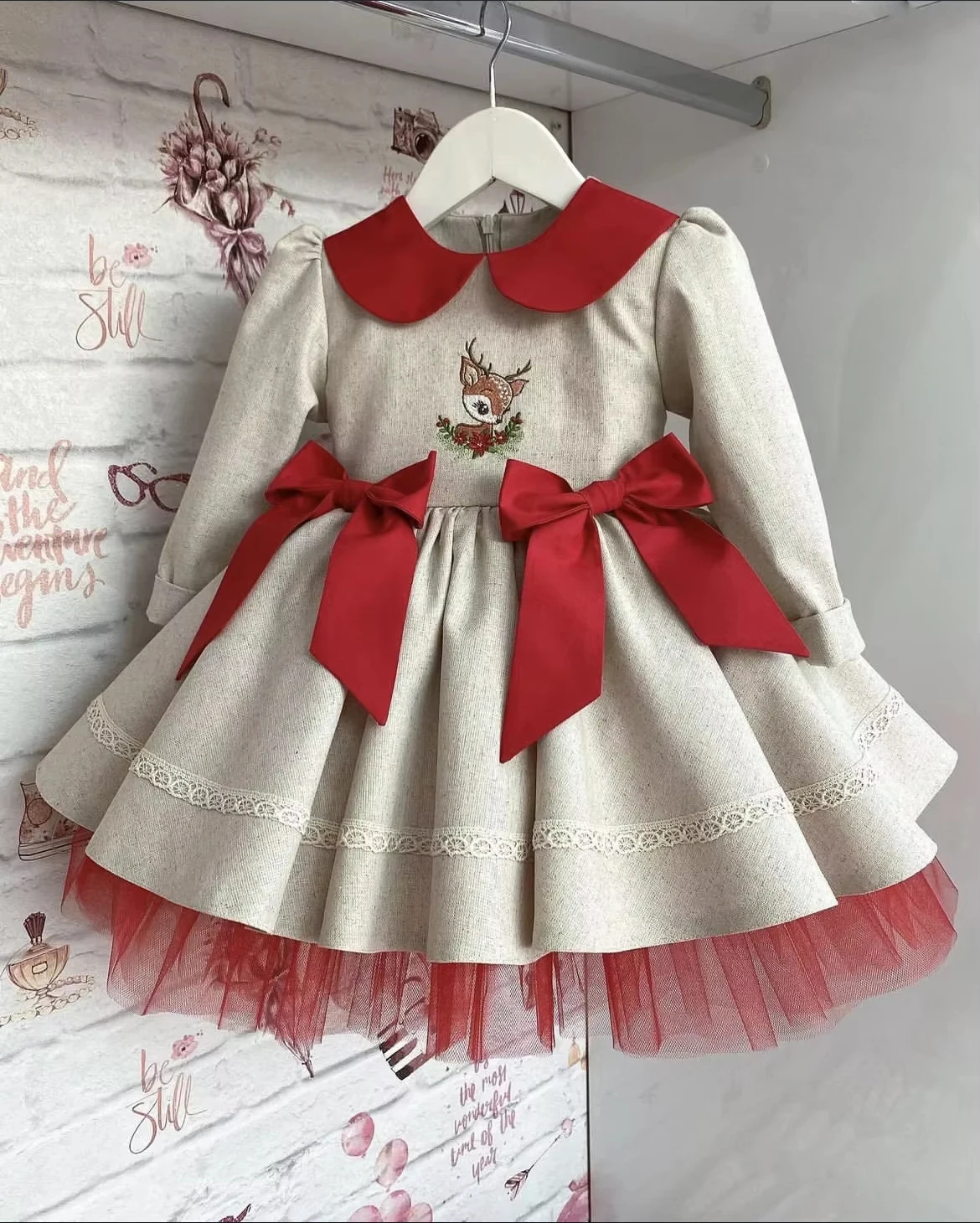 0-12Y Baby Girl Autumn Khaki Deer Embroidery Turkish Vintage Princess ...