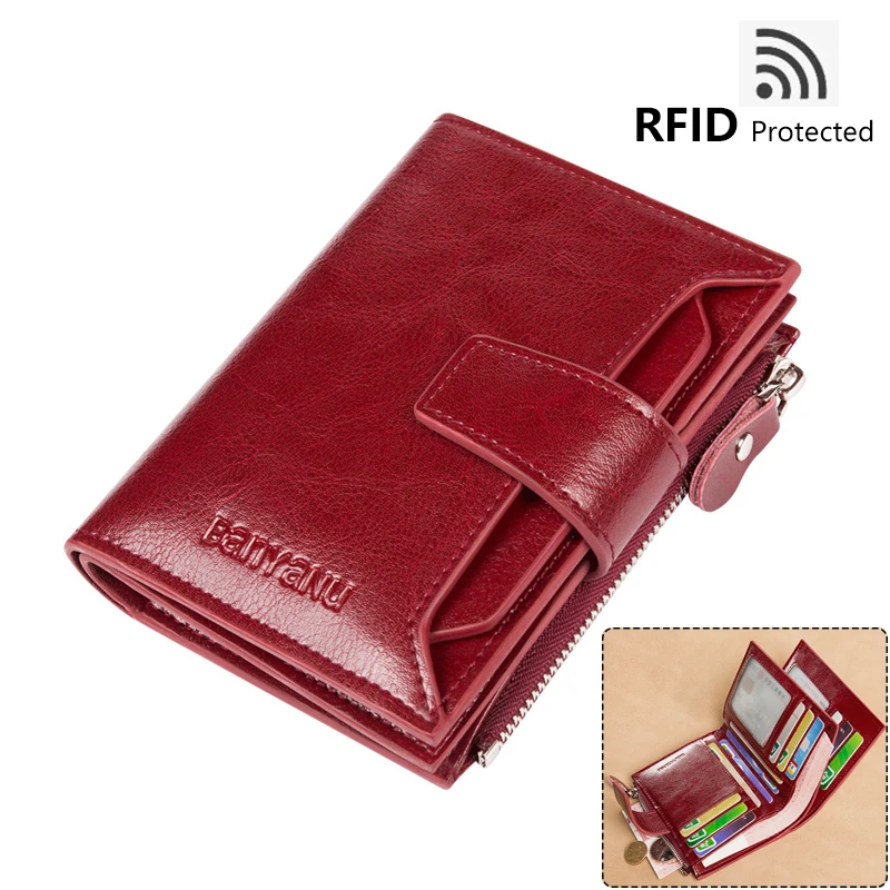 Genuine Leather Wallets for Women Red Money Purses Zipper RFID Short ...