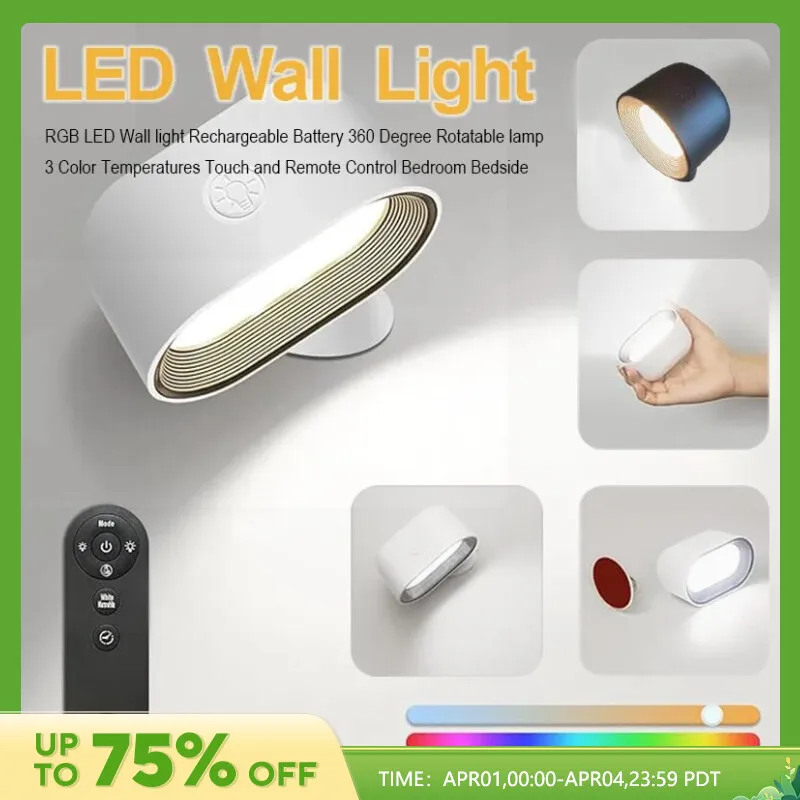 LED-Wall-Light-Rechargeable-360-Rotatable-Lamp-5-Brightness-Levels-RGB ...