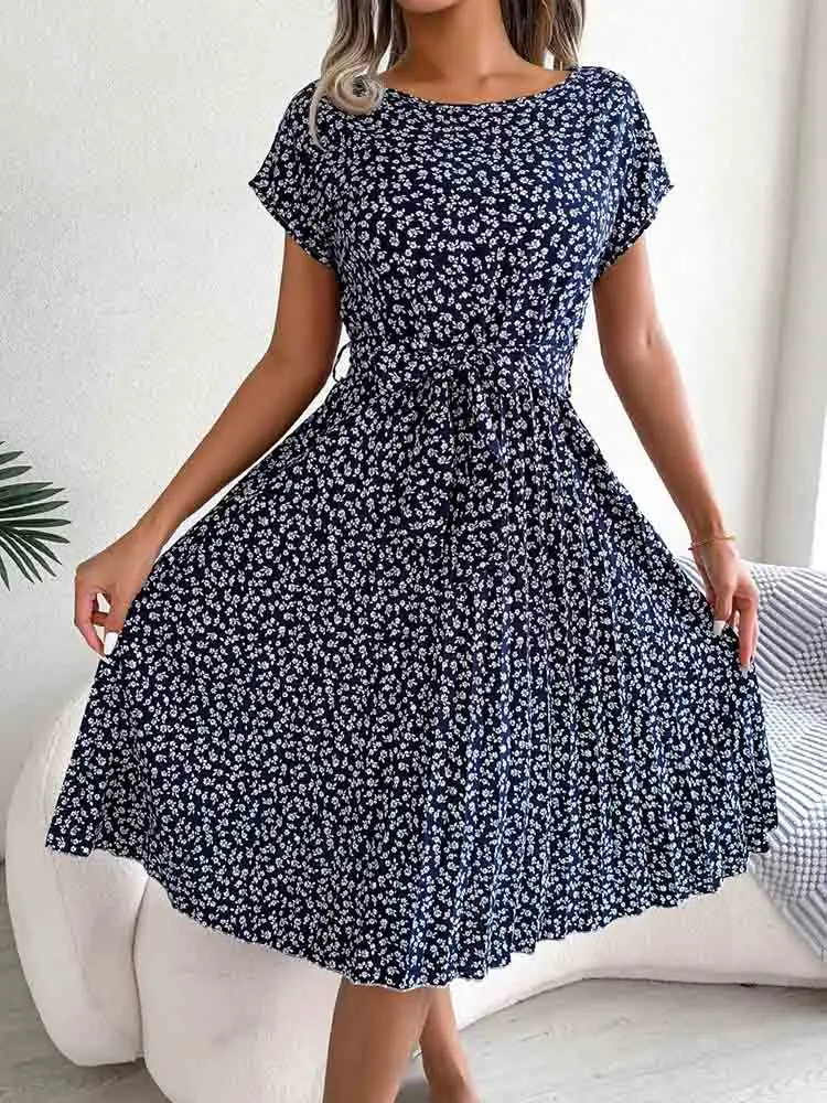Fashion-Floral-Pleated-A-Line-Long-Dress-Women-Spring-Summer-Short ...