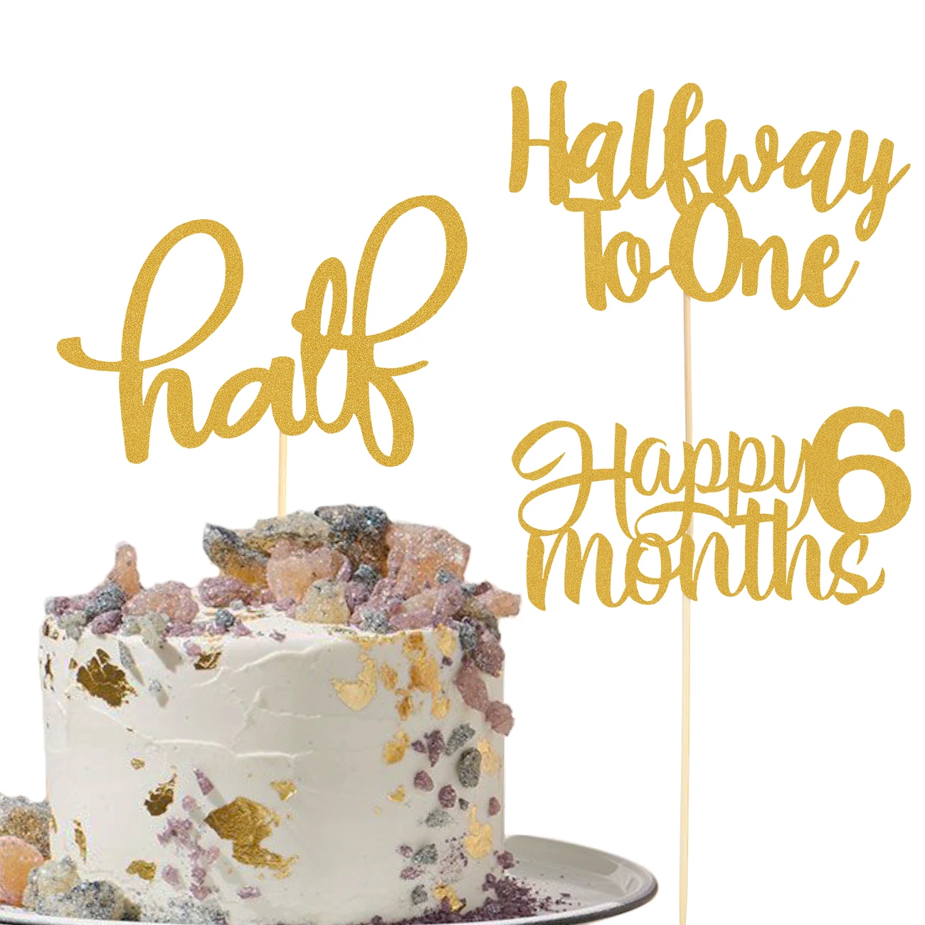Half Way To One Cake Topper - 3PCS Single-side Gold Glitter 1/2 Way to ...