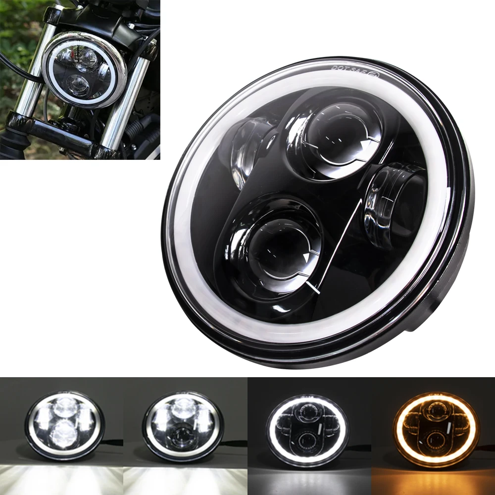 Headlight 5.75 Inch Black Halo Angel Eyes LED For Harley Sportster 1200 ...