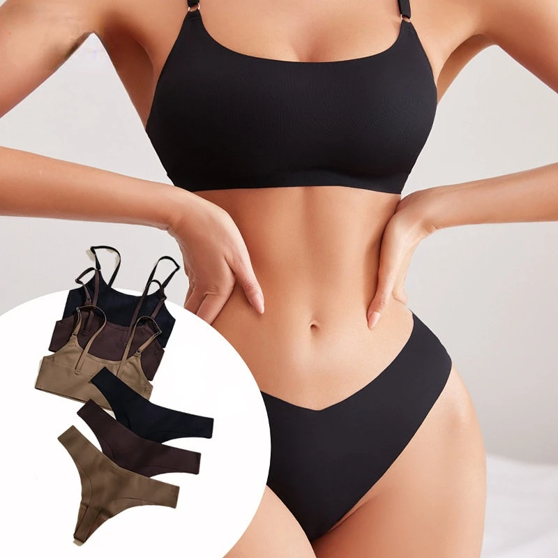 Sexy Women Seamless Bra Set Sexy Thong Ice Silk Panties Wire Free Bra Bralette Lingerie ...