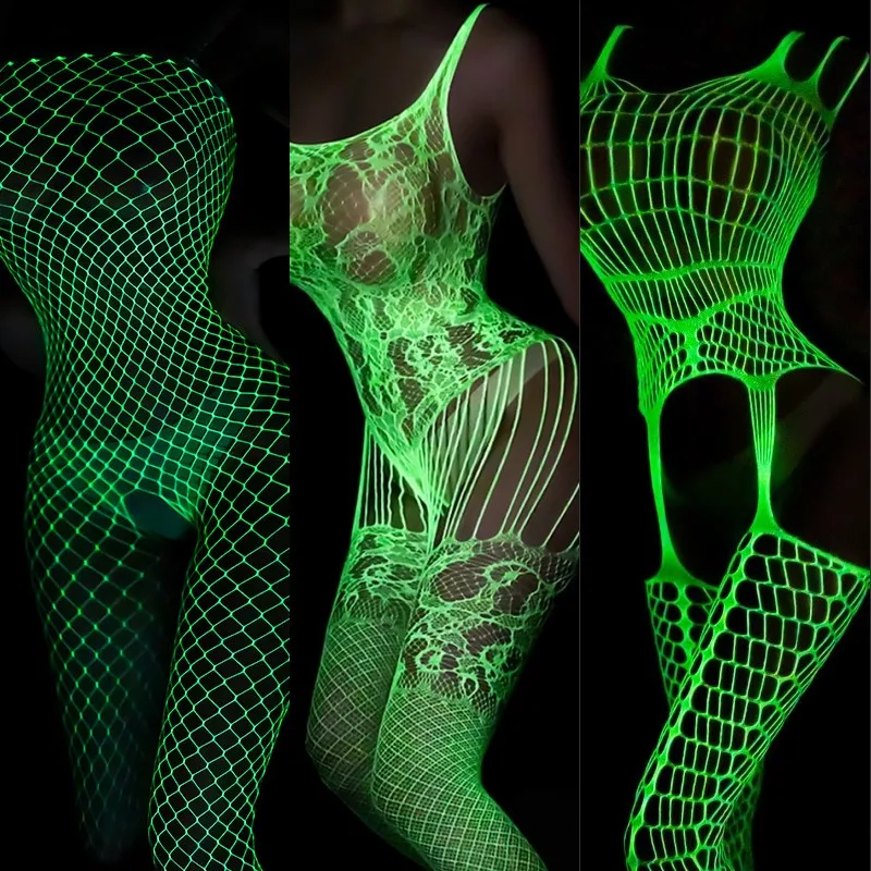 Multi-style Glow In The Dark Open Crotch Mesh Tights Hollow Out Net Clothing Sexy Lingerie Women ...