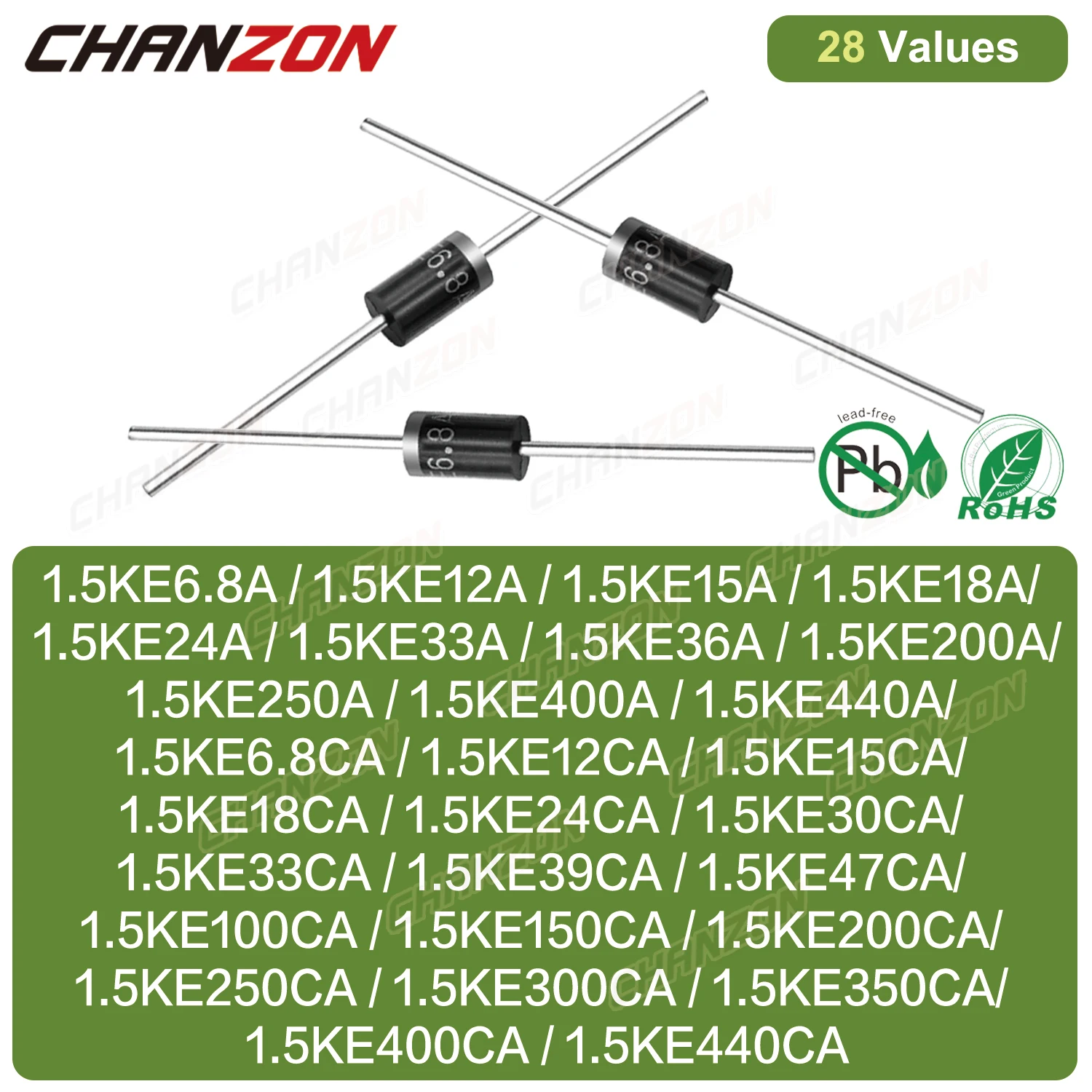 28 Values TVS Diode DO-201AD 1.5KE400CA 1.5KE200A 1.5KE440CA 1.5KE400A ...