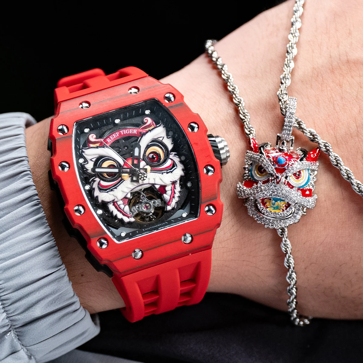 OBLVLO Lion Dance Design Men’s Automatic Watch Tonneau Super Lumious ...