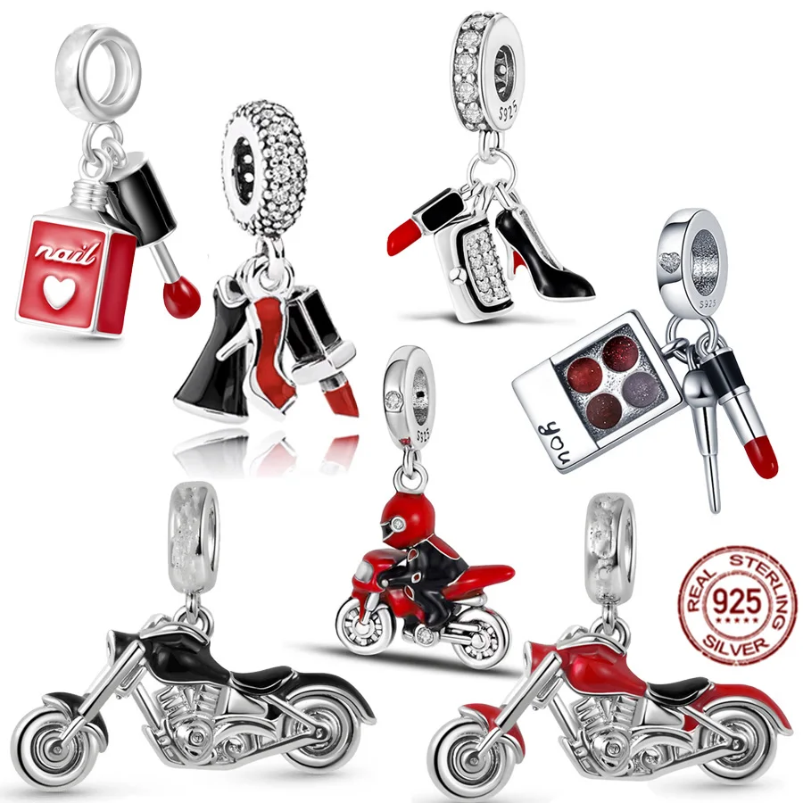 925-Sterling-Silver-Pendant-Motorcycle-Nail-Polish-Lipstick-High-Heeled ...