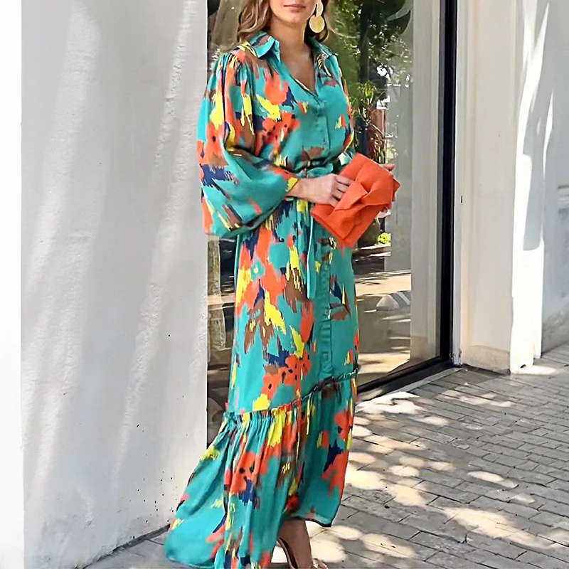 Elegant-Lapel-Pattern-Print-High-Street-Dress-Female-Casual-Lantern ...