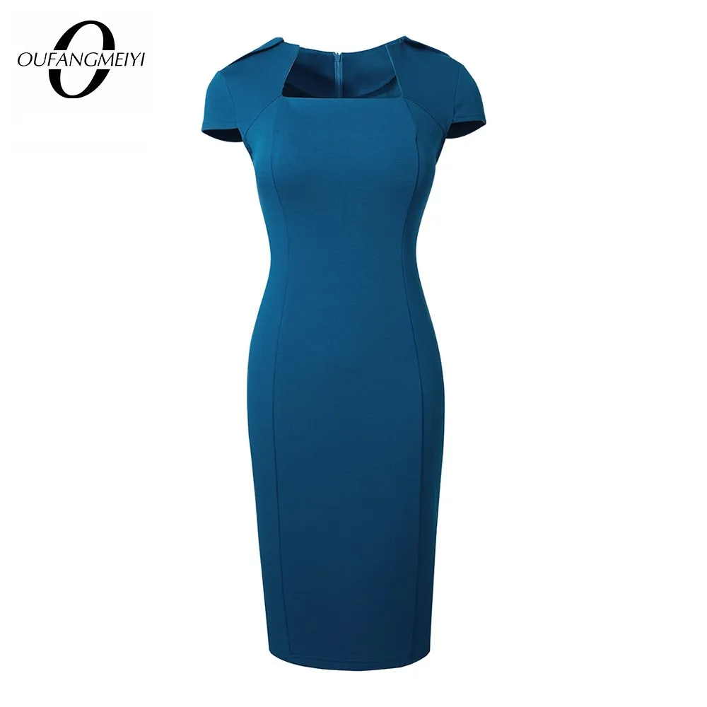 Women Brief Elegant Solid Color Cap Sleeve Square Collar Lady Bodycon ...
