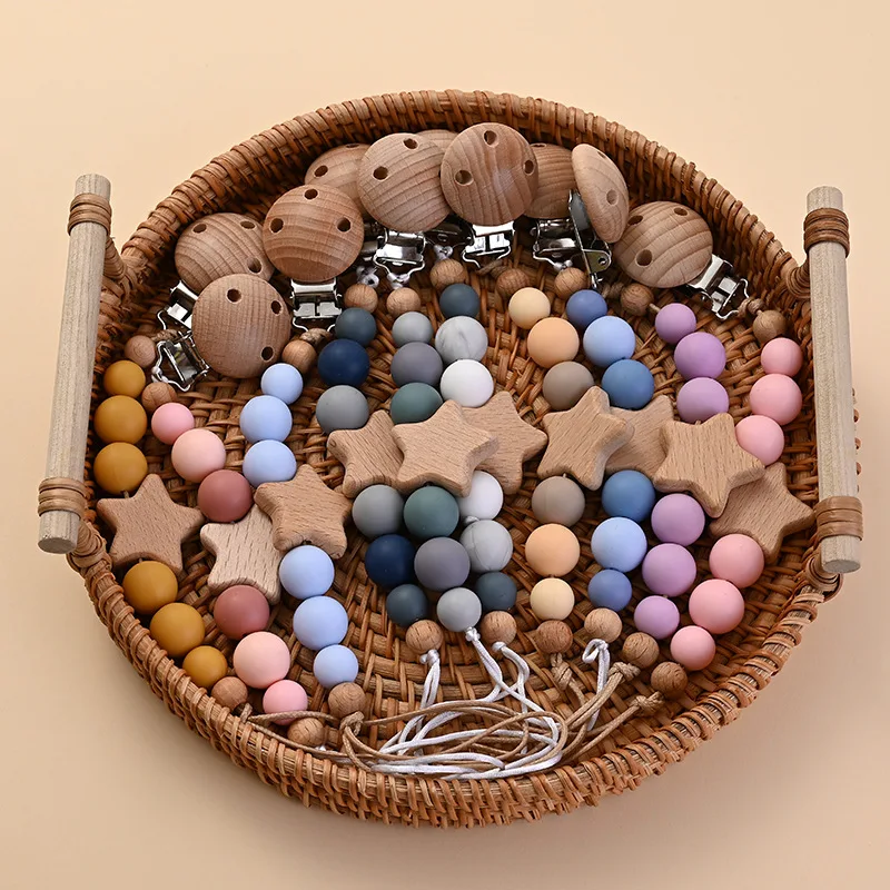 New-Baby-Pacifier-Chain-Clips-Wood-Pentagram-Teether-Silicone-Round ...