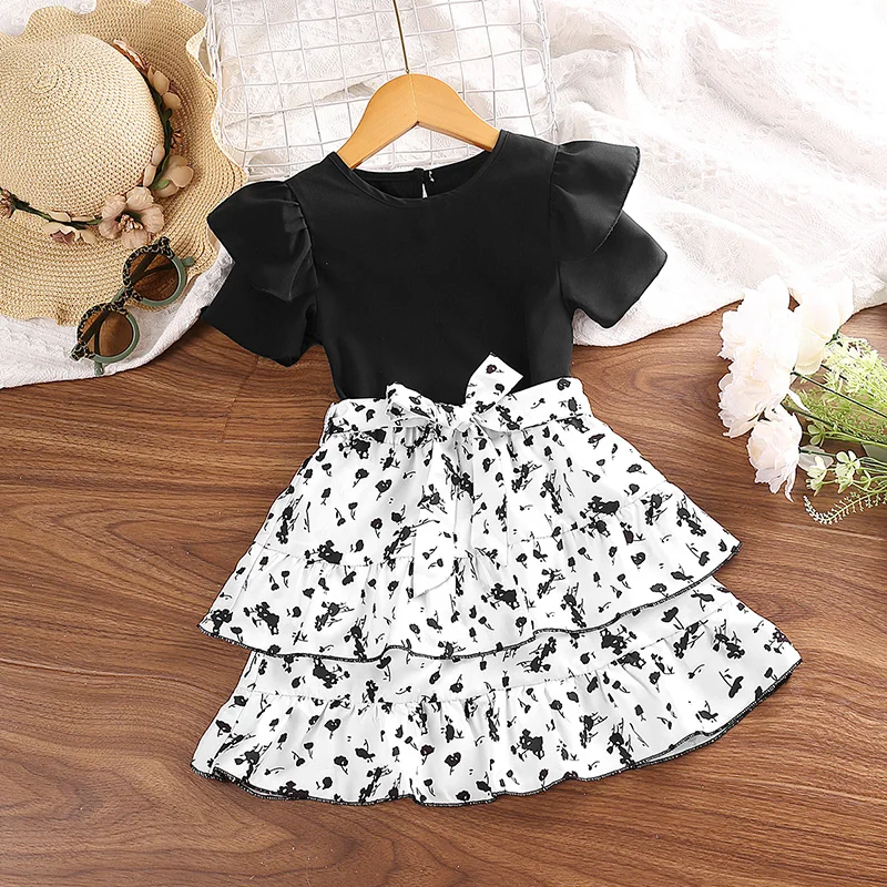 Children-s-Clothing-Sumeer-Girls-Black-Short-Sleeve-Black-Floral-White ...