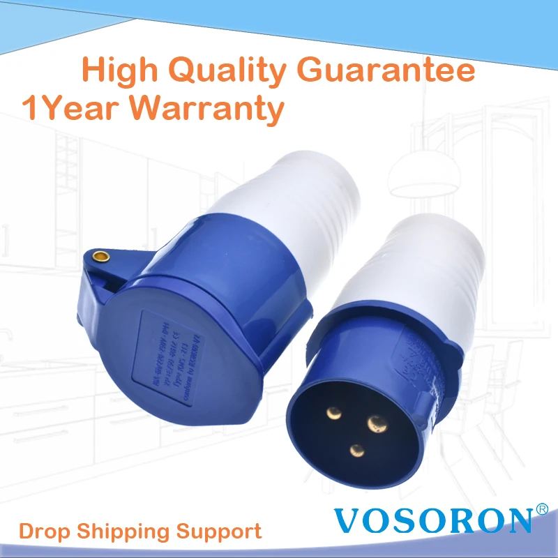NEW Blue 250V 16/32 AMP 3 Pin Industrial Site Plug & Sockets IP44 2P+E ...