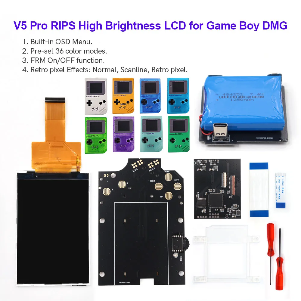 36-Retro-Color-Rechargeable-GBO-V5-Pro-IPS-Screen-Kits-With-Pre-cut ...