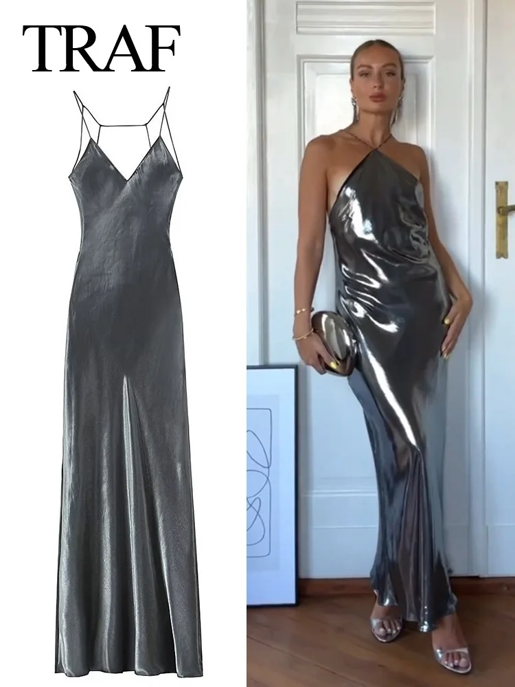 TRAF-Vestido-largo-de-sat-n-sin-mangas-para-Mujer-con-espalda ...