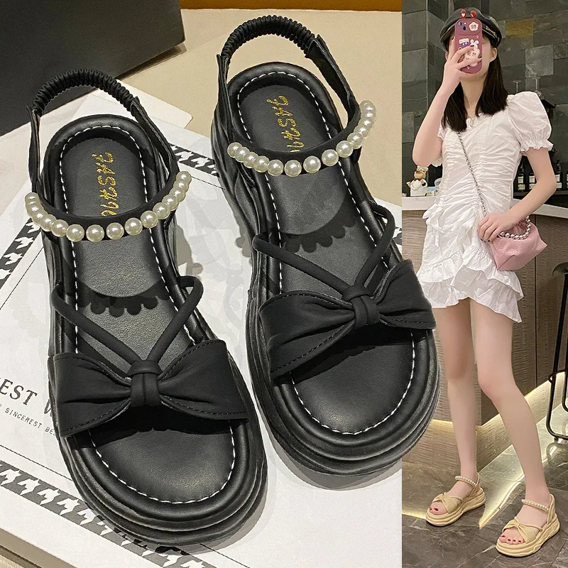 Comfort Shoes for Women Pearl Sandals Summer Heels Suit Female Beige ...