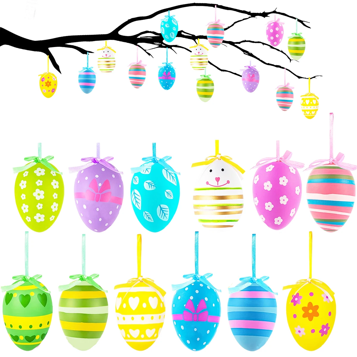 24Pcs-Easter-Hanging-Plastic-Eggs-with-Ropes-Colorful-Painted-Tree ...