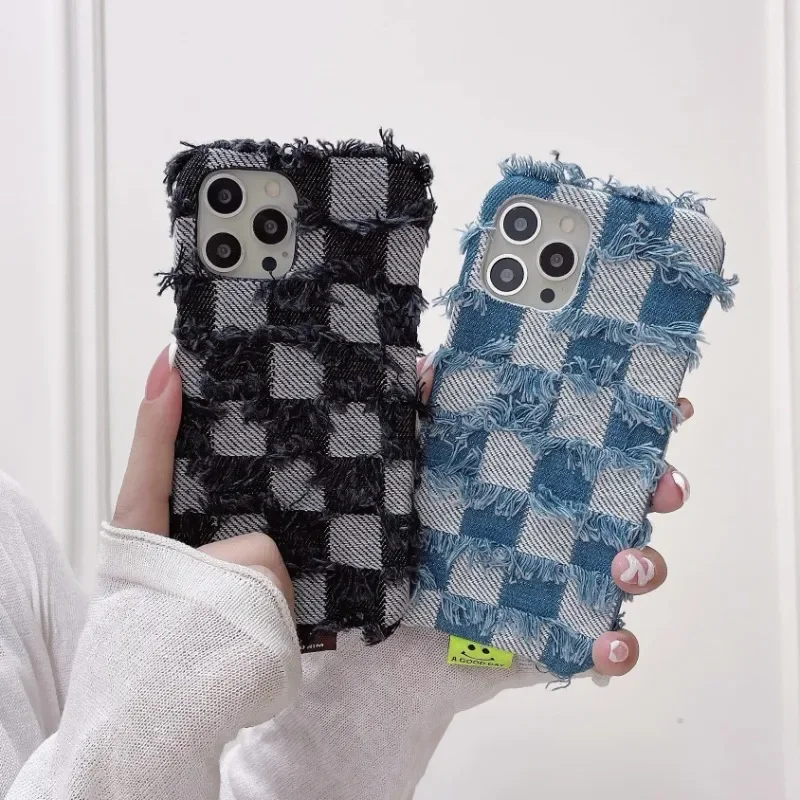 Simple-Niche-Tartan-Denim-Plush-N-Tab-Phone-Case-For-iPhone-15-14-13-12 ...