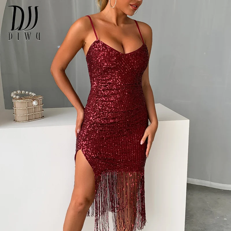 Diwu lantejoulas vestido feminino sexy noite clube vestido de festa espaguete cinta tassel ...