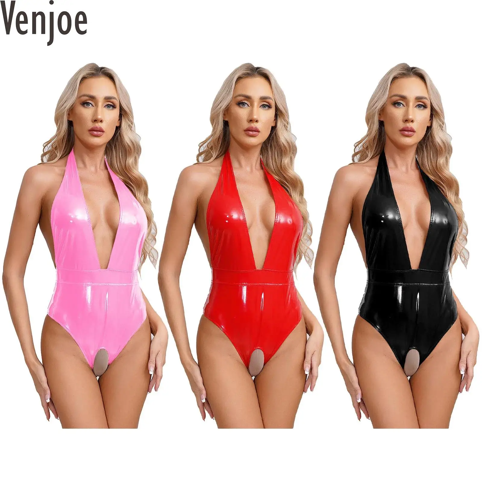 Women-Sexy-Wet-Look-Patent-Leather-Bodysuit-Halter-Deep-V-Neck-Crotchless-High-Cut-Leotard ...