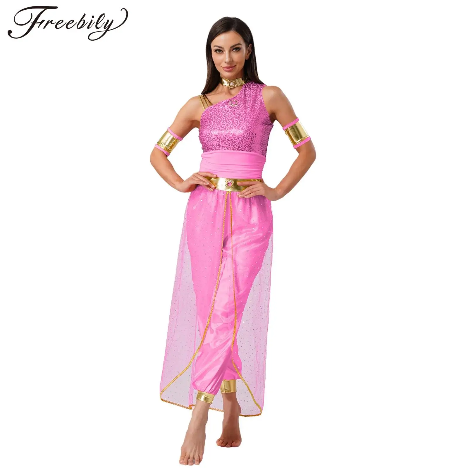 Womens Arab Princess Cosplay Belly Dance Costume Indian Arabian Shiny ...