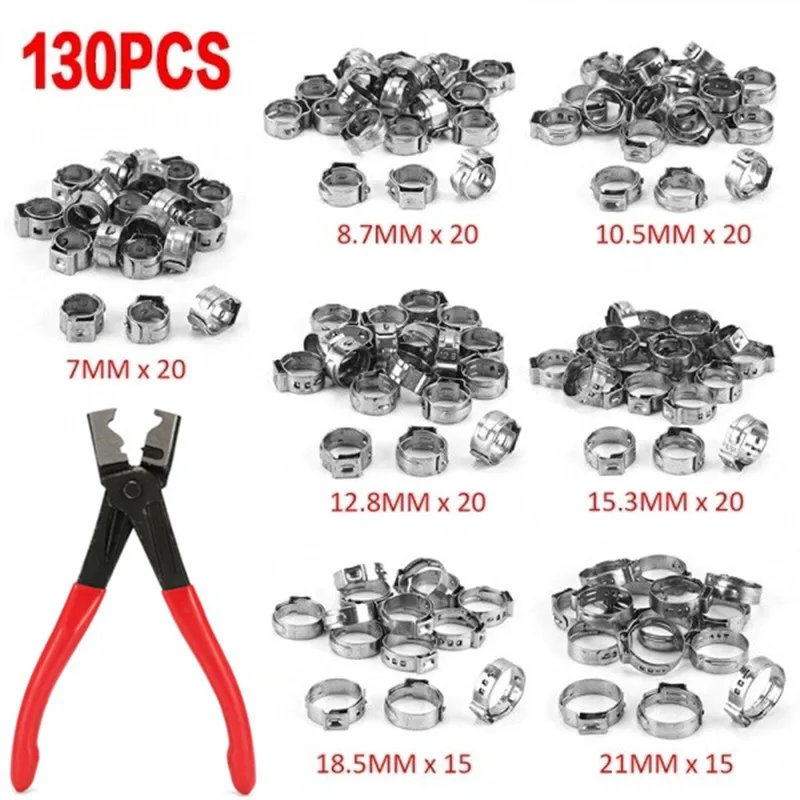130pcs Single Ear Stepless Hose Clamps +1PC Hose Clip Clamp Pliers 7 ...