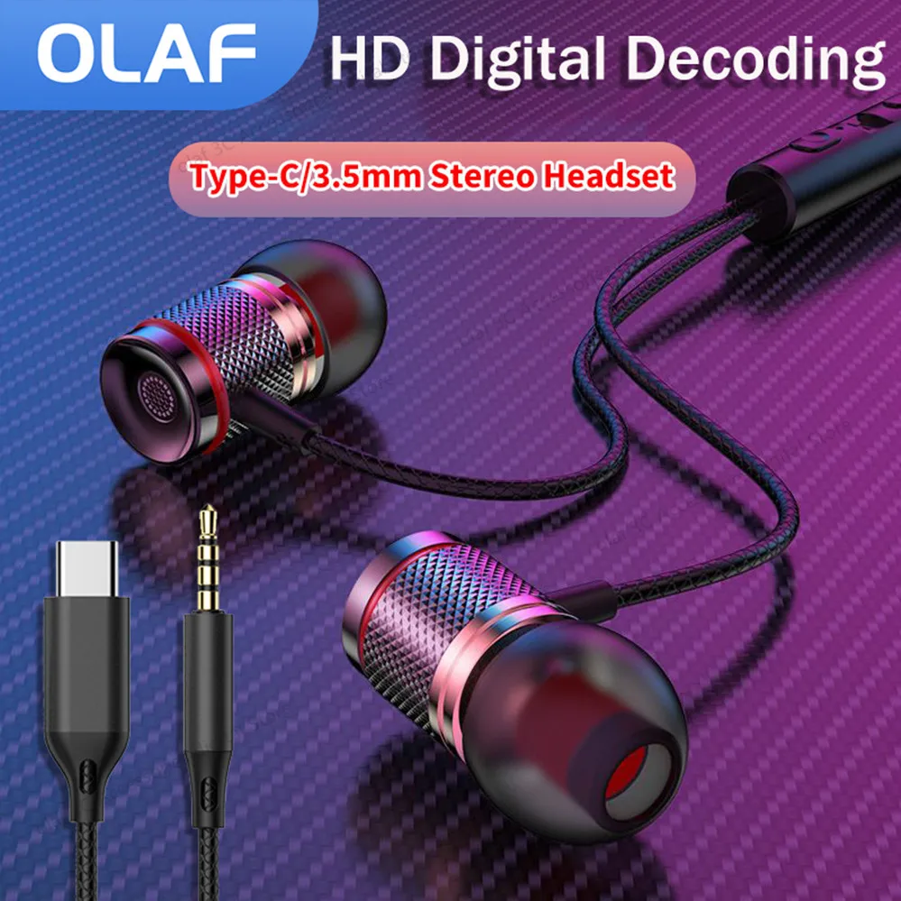 OLAF Wired Headphones DAC Type-C 3.5mm Headset 9D Bass Stereo Earbuds ...
