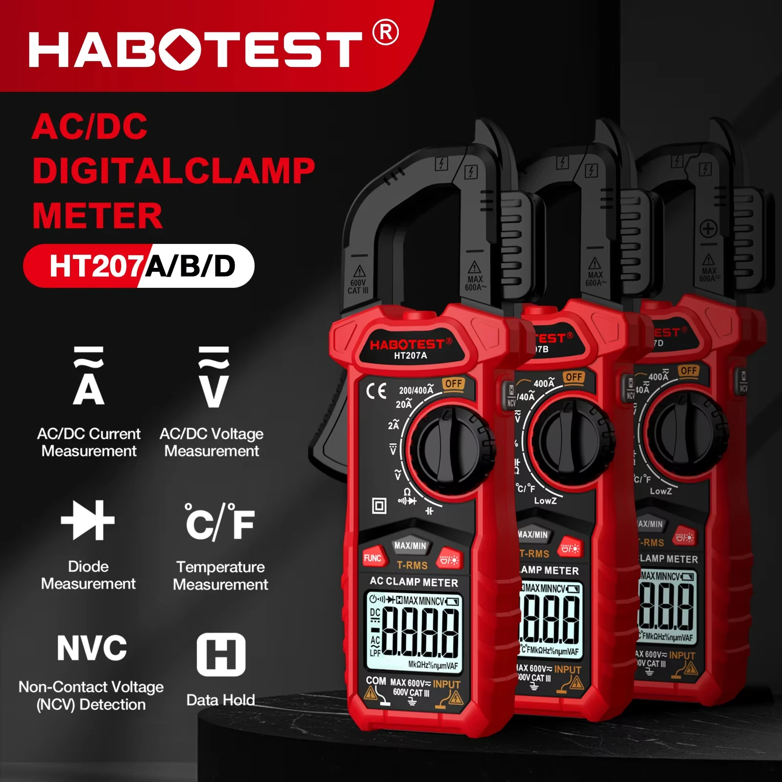 HABOTEST HT207 Digital Clamp Meter 600V True RMS AC/DC Current Amp ...
