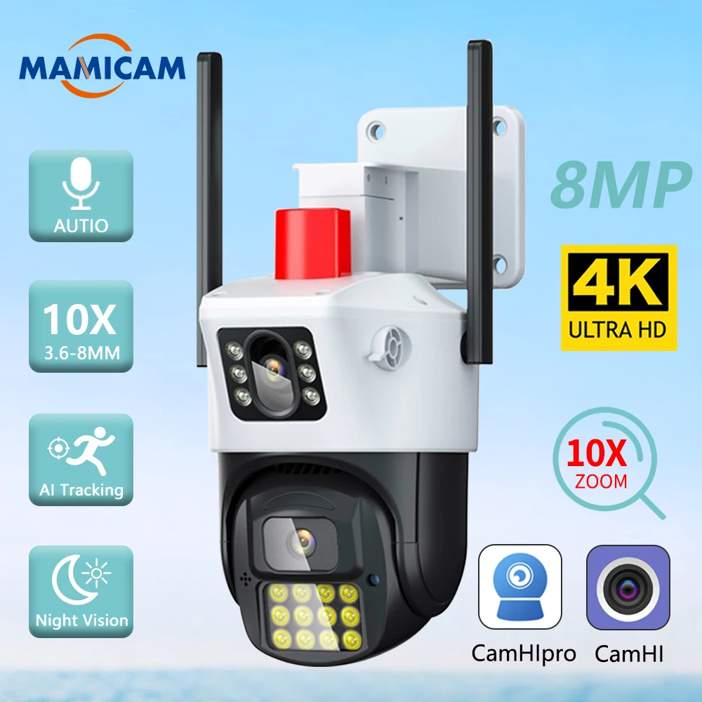 8MP 4K WiFi IP Camera Dual Lens Dual Screen PTZ Outdoor Security CCTV ...