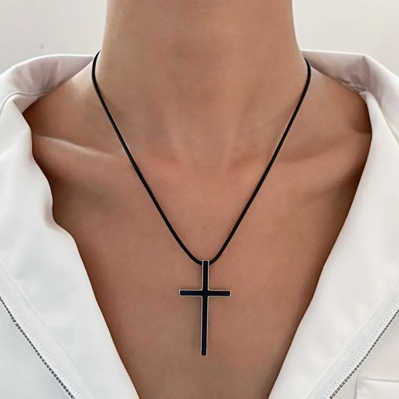 Fashion-Christian-Jesus-Cross-Necklaces-Black-Color-Long-Chain-Simple ...