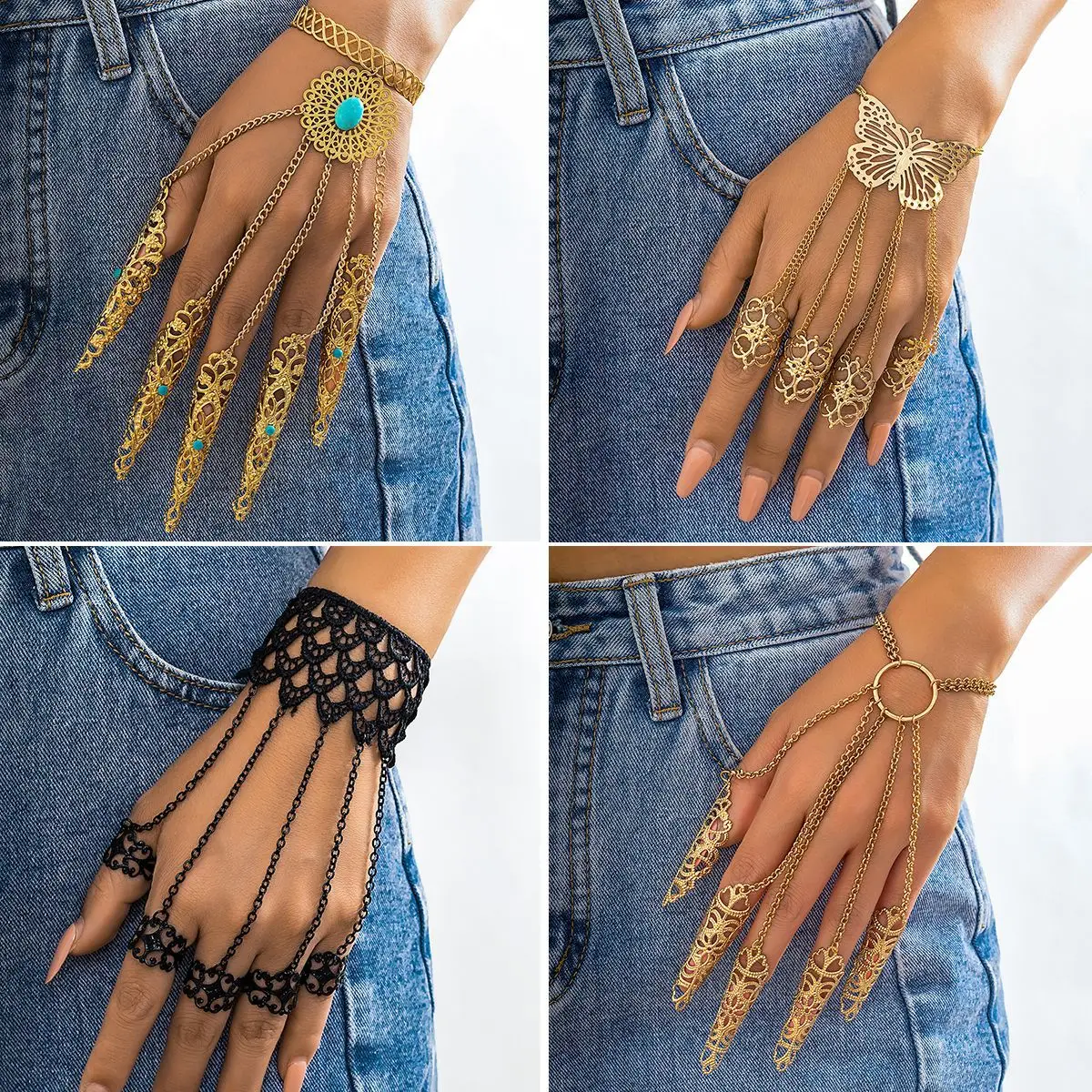 Punk-Gold-Black-Finger-Rings-Bracelet-for-Women-Gothic-Conical-Nail ...