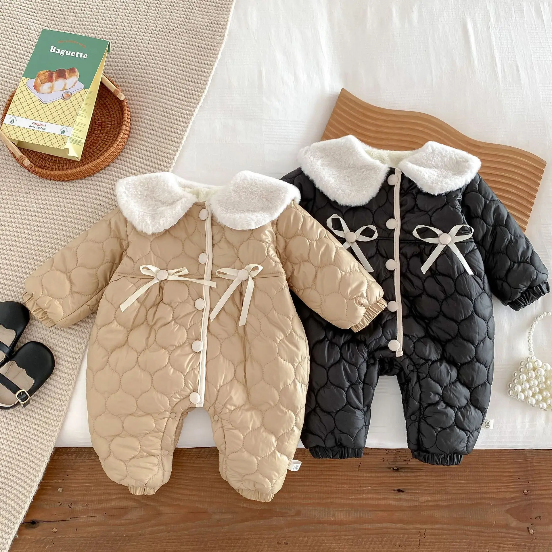 Newborn Baby Girl Jumpsuit Cotton Padded Winter Fleece Warm Bowknot ...