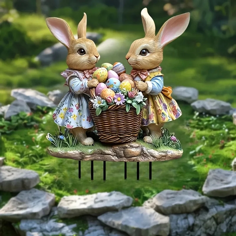 2D Easter Bunny Garden Stand Flat Printing, Acrylic Bunny Statue with ...