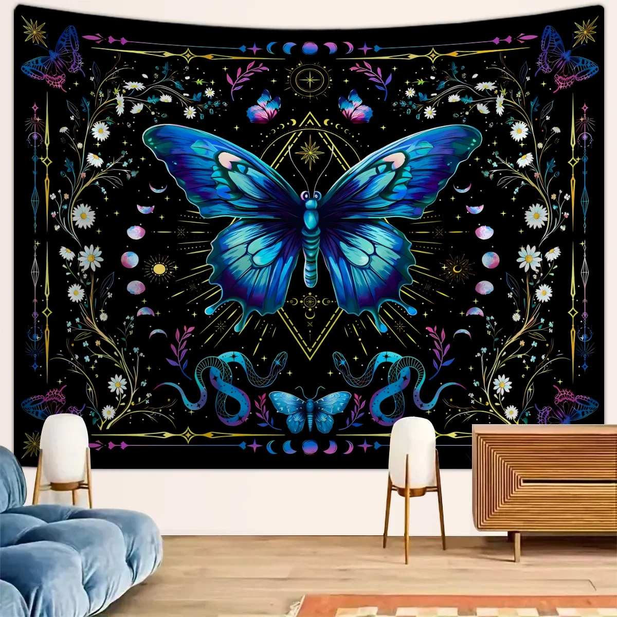 Blue butterfly tapestry Bohemian floral plant moon phase starry sky ...