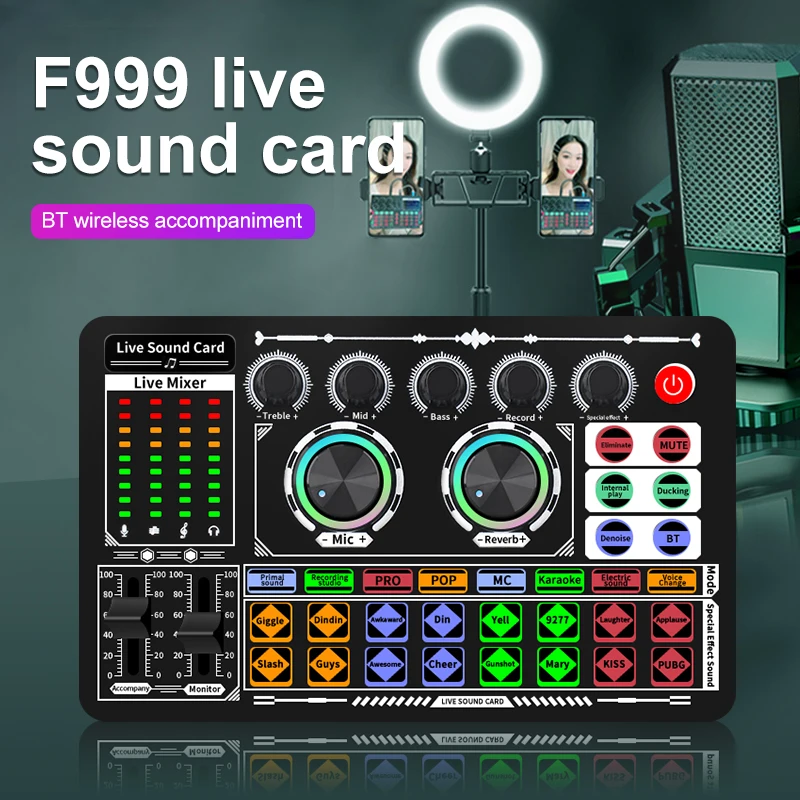 F999-Mixer-Bluetooth-Soundcard-Audio-Mic-USB-External-Two-Cell-Phone ...