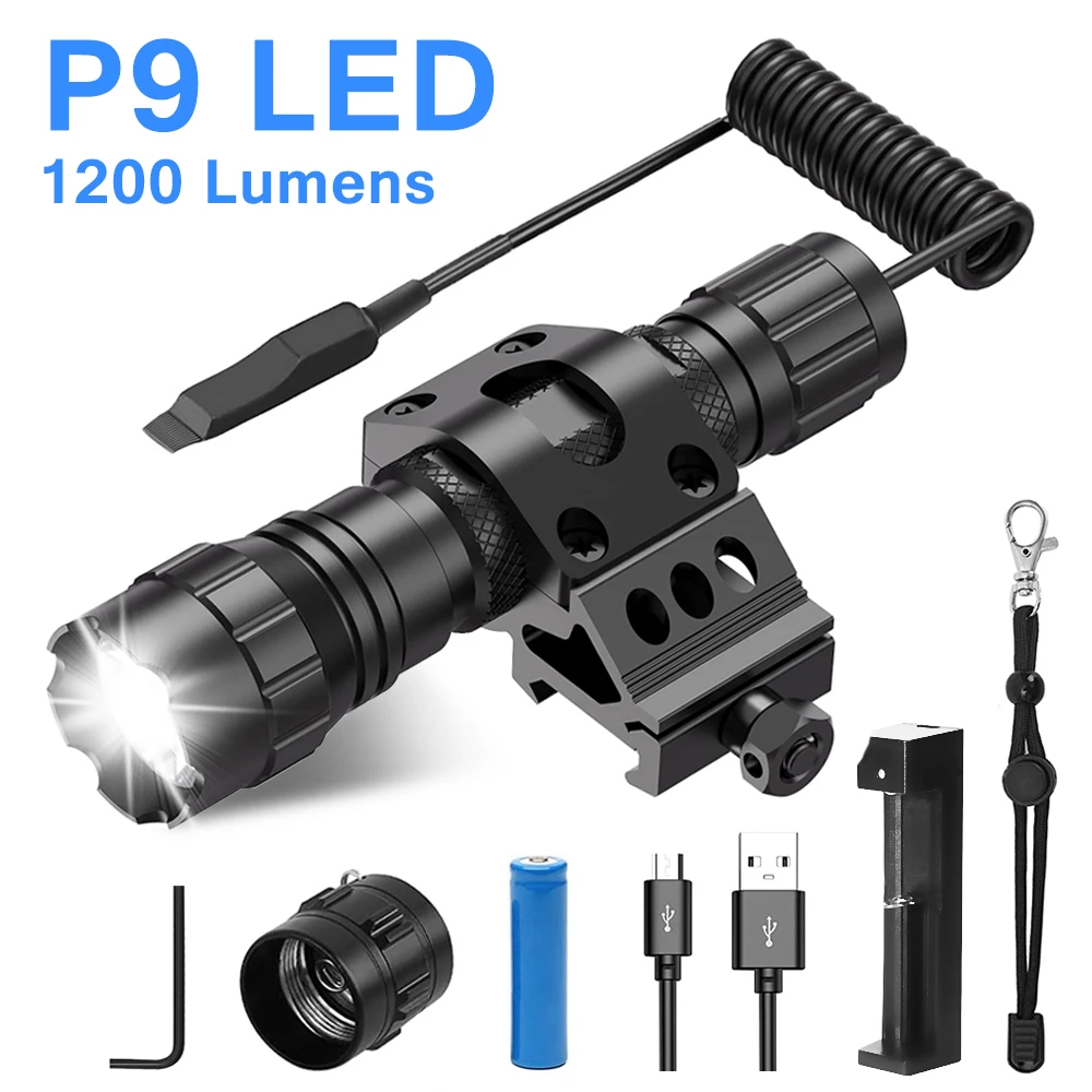 1200 Lumens P9 Led Tactical Flashlight 5 lighting Modes Hunting Flashlight USB Charging Torch ...
