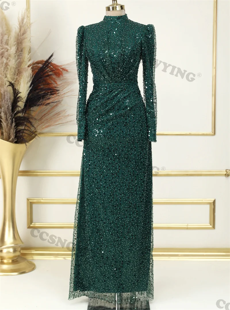 Green-Sequin-Beaded-Muslim-Evening-Dress-Islamic-Full-Sleeve-Hijab-Prom ...