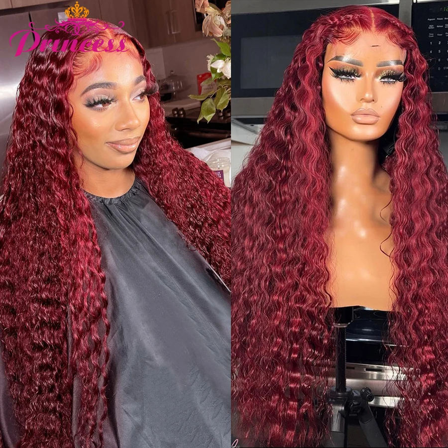Princess Hair 99J Lace Front Human Hair Wig 13x4/13x6 HD Transparent Burgundy Deep Wave Lace ...