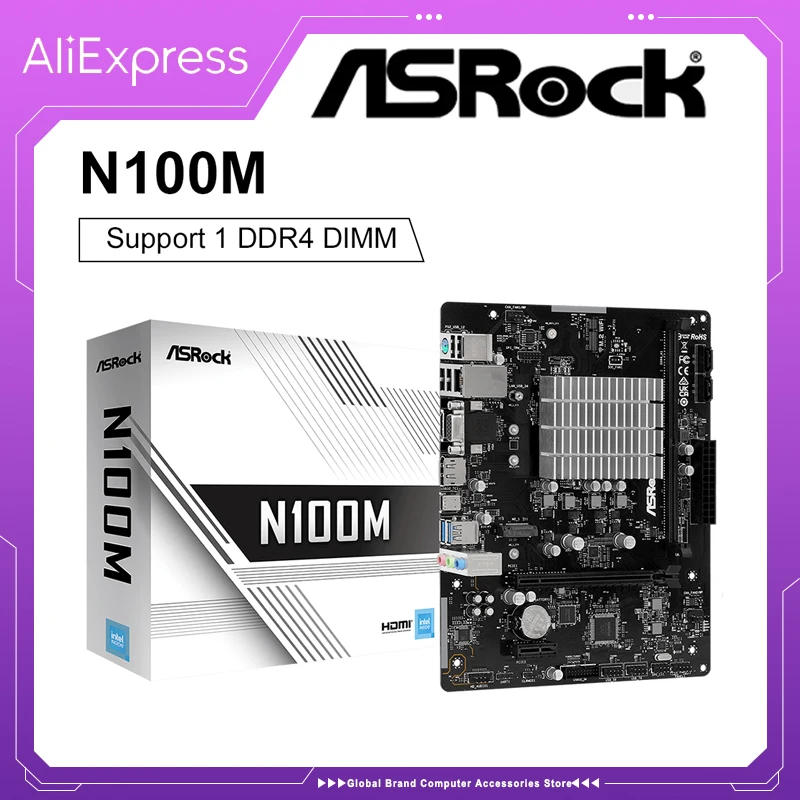 ASrock New N100M Motherboard DDR4 32GB Intel quad core processor N100 (up to 3.4 GHz) PCIe 3.0 M ...