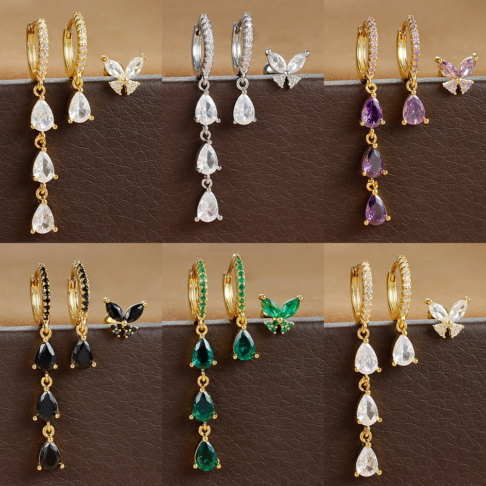 Zircon-Water-Drop-Small-Hoop-Earrings-Set-para-Mulheres-Pingente-de-A-o ...