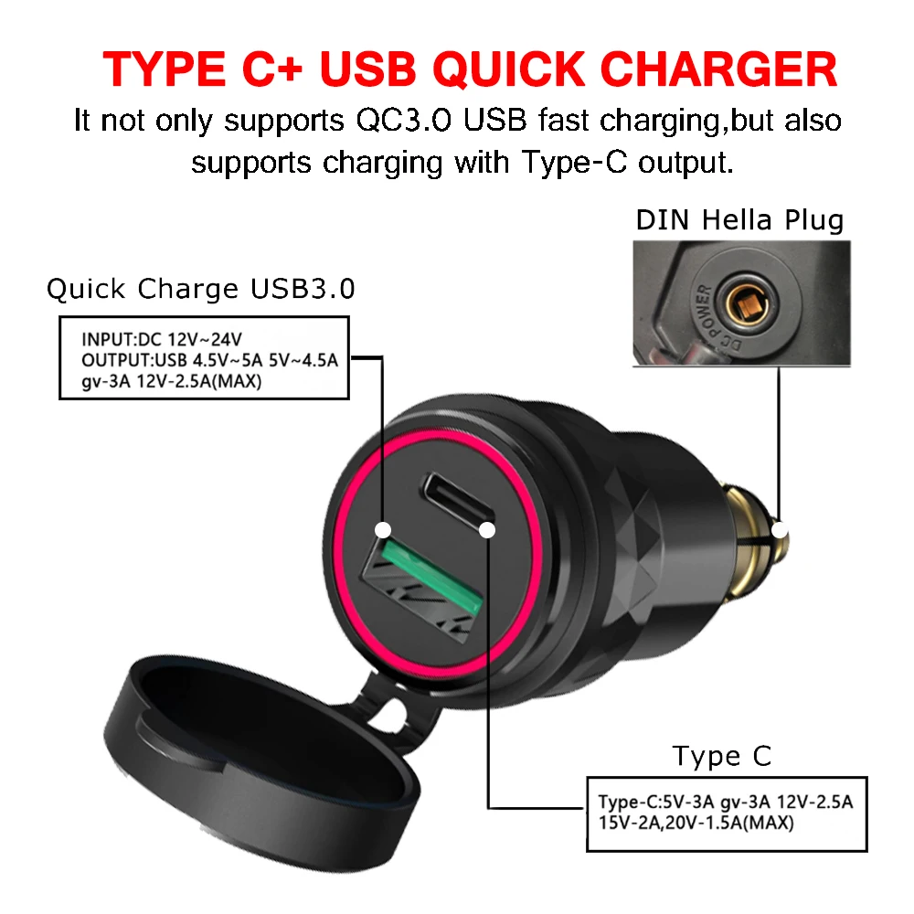 Motorcycle Quick Charger 3.0 Power Adapter USB & Type C DIN Hella Plug ...