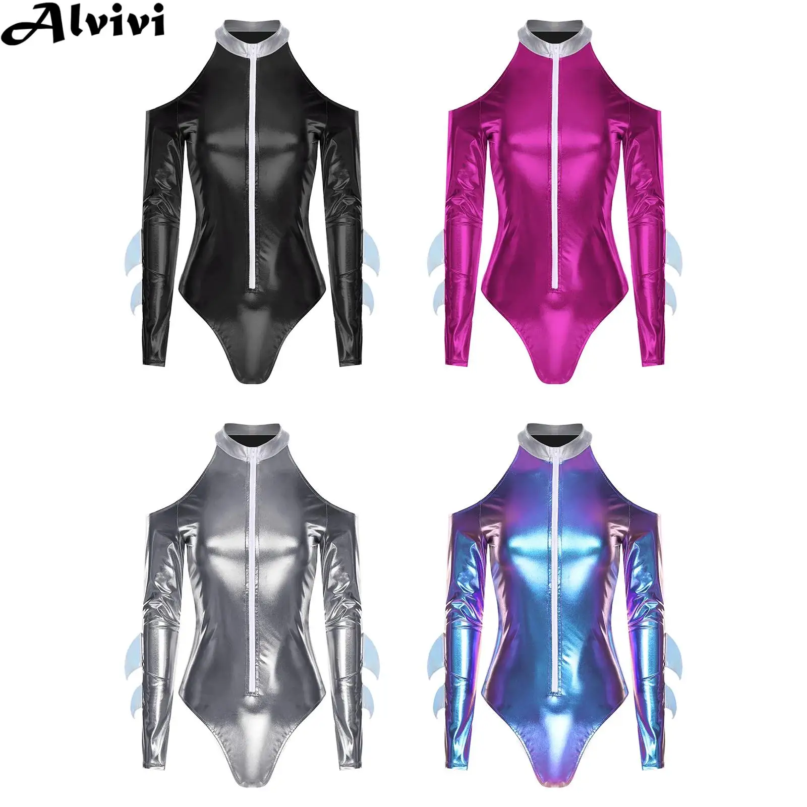 Women Cold Shoulder Long Sleeve Zipper Metallic Shiny Bodysuit ...