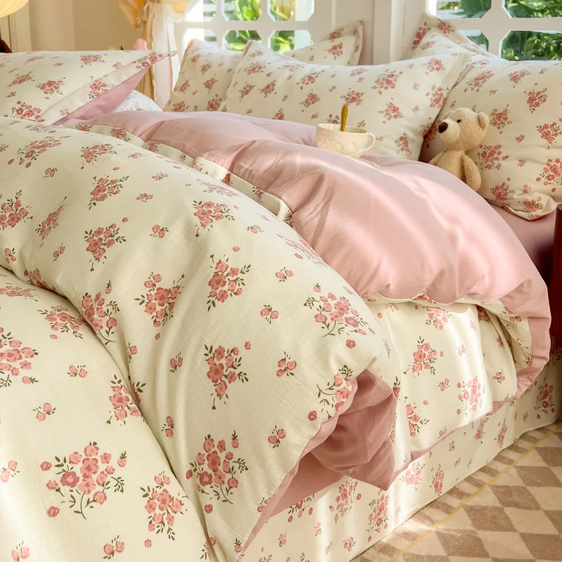 Sweet-Flower-Print-4-Piece-Bedding-Set-Brushed-Bed-Sheets-Comforter ...