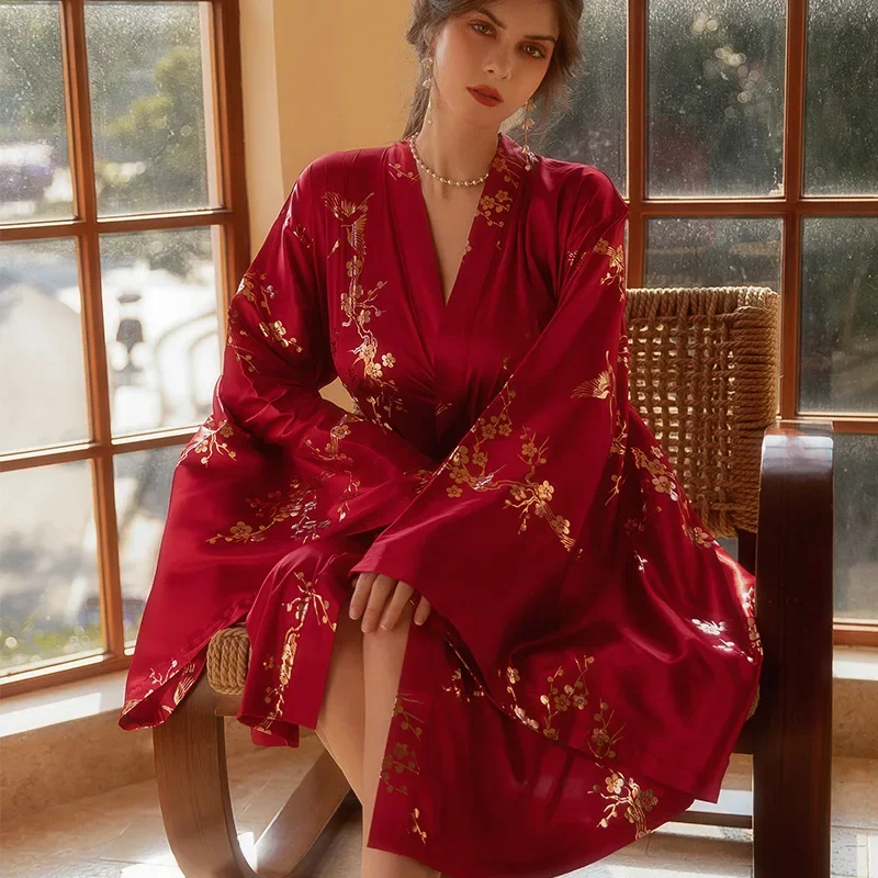 Luxury Burgundy Kimono Robe Women Wedding Bride Bathrobe Sexy Bronzing ...